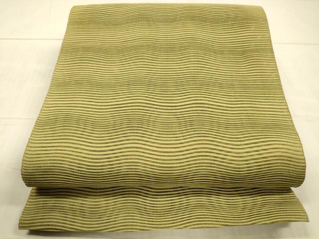 平和屋着物＊夏物　絽綴れ　八寸名古屋帯　よろけ縞　青朽葉色　正絹　逸品　DAAX5967cm