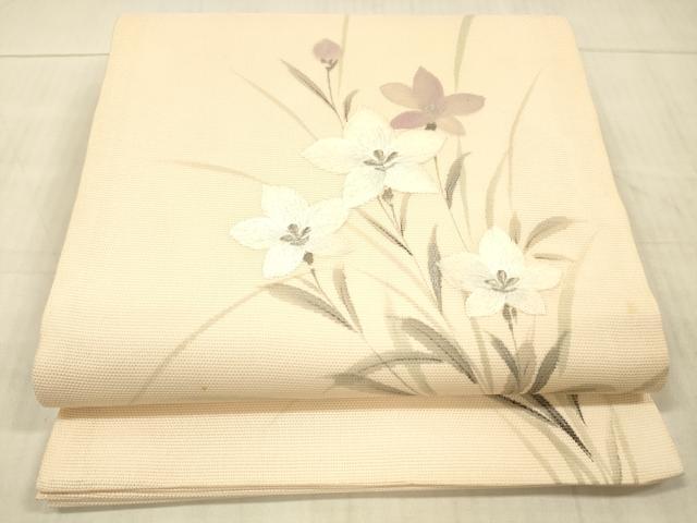 平和屋着物＊夏物　九寸開き名古屋帯　作家物　手描き　刺繍　草花文　銀彩　正絹　逸品　DAAX5973cm