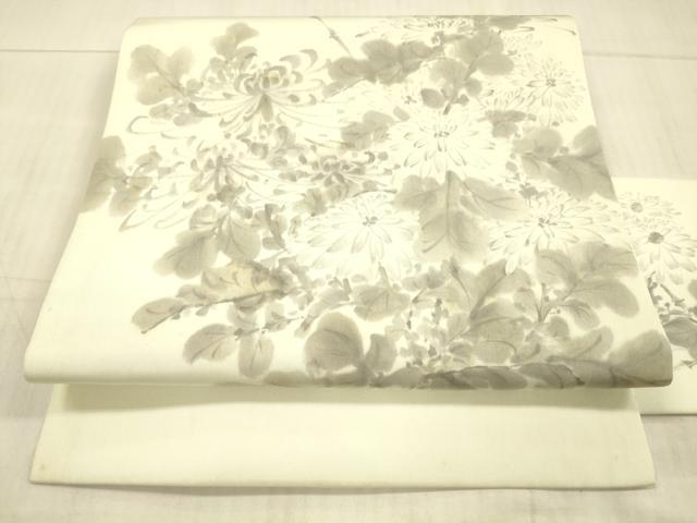 平和屋着物●塩瀬　九寸名古屋帯　手描き　草花文　正絹　逸品　DAAX5983cm