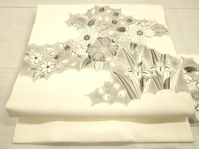 平和屋着物●塩瀬　九寸名古屋帯　手描き　辻が花　金彩　正絹　逸品　DAAX5992cm