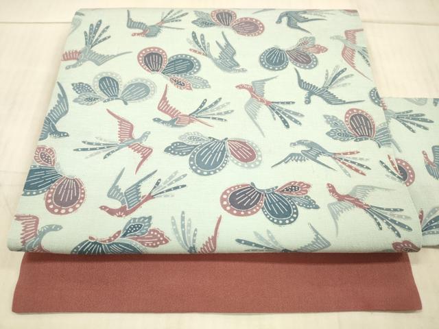 平和屋着物●全通柄九寸名古屋帯　型染　紬地　飛鳥草葉文　正絹　逸品　DAAX5995cm