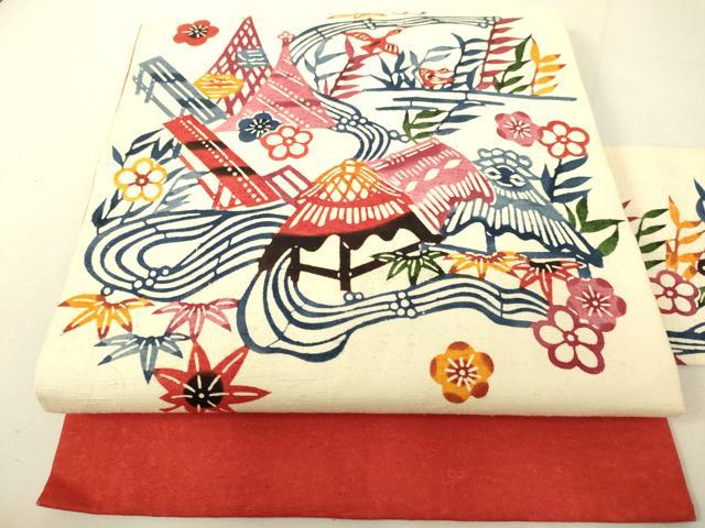 平和屋着物●九寸名古屋帯　紬地　型染　風景花鳥文　正絹　逸品　DAAX8415du