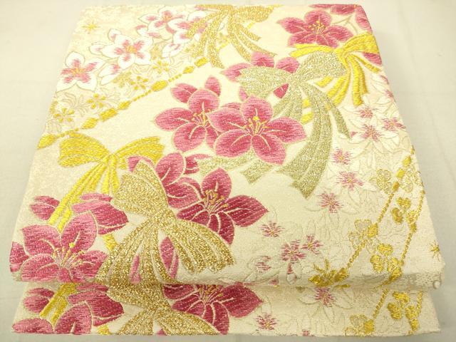 平和屋着物●両面　六通柄袋帯　舞花文　リボン　金糸　正絹　逸品　DAAX8433du