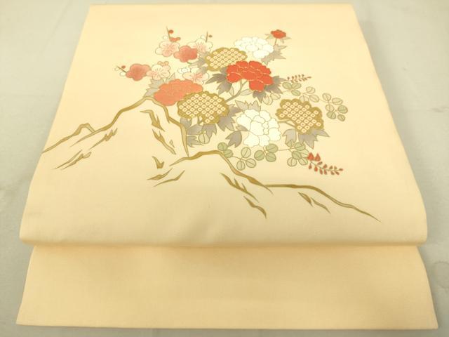 平和屋着物●塩瀬　九寸開き名古屋帯　駒刺繍　枝花文　金彩　正絹　逸品　DAAX8435du