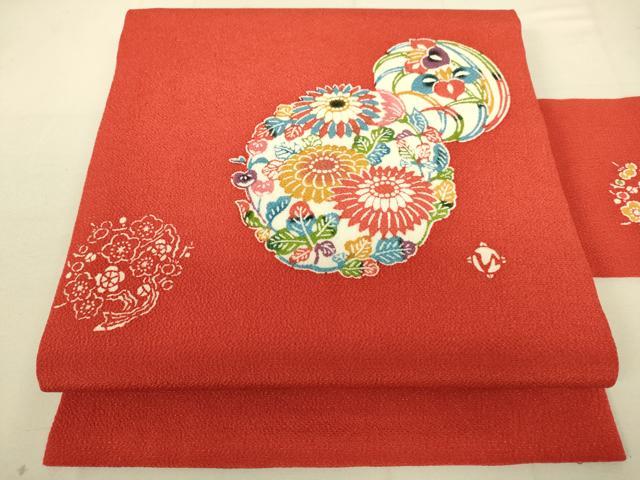 平和屋着物●九寸名古屋帯　草木染　型染　草花文　鬼しぼ縮緬　正絹　逸品　DAAX8476du