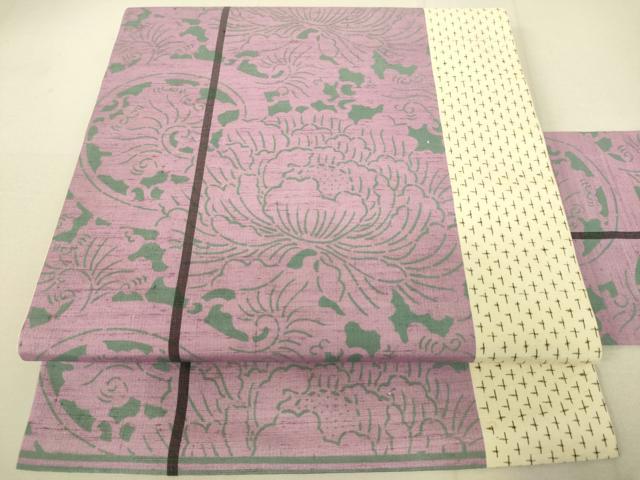 平和屋着物●九寸名古屋帯　紬地　越後型染　草花文　正絹　逸品　DAAX8478du