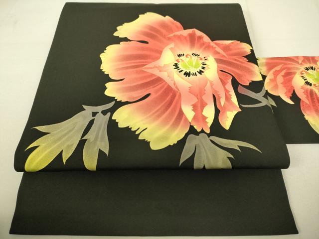 平和屋着物●塩瀬　九寸名古屋帯　作家物　ろうけつ染め　草花文　黒地　正絹　逸品　DAAX8481du