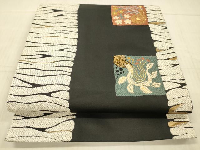 平和屋着物●六通柄袋帯　唐織　花唐草文　黒地　金糸　正絹　逸品　DAAX8524cm