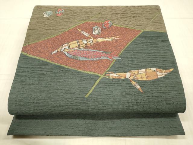 平和屋着物●太鼓柄袋帯　ふくれ織　成り物　正絹　逸品　DAAX8532cm