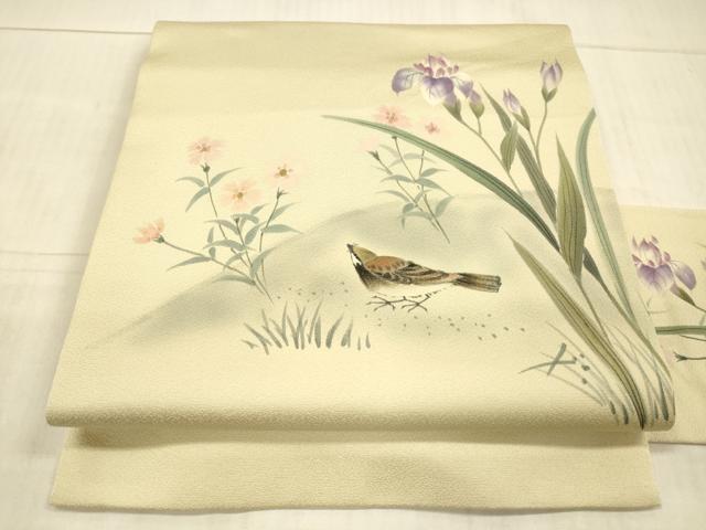 平和屋着物●九寸名古屋帯　作家物　手描き　草花文　雀　正絹　逸品　DAAX8533cm