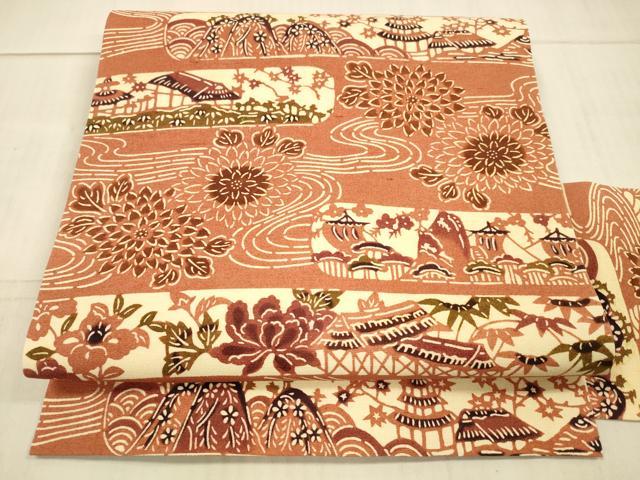 平和屋着物●九寸名古屋帯　型染　紬地　流水風景花文　正絹　逸品　DAAX8542cm