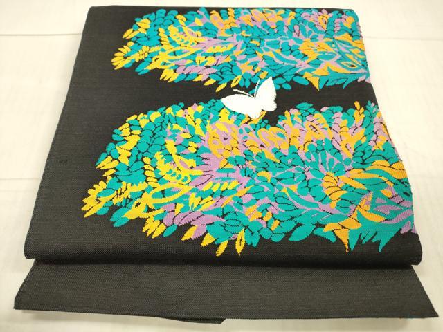 平和屋着物●八寸名古屋帯　すくい織　舞蝶枝葉文　黒地　正絹　逸品　DAAX8546cm