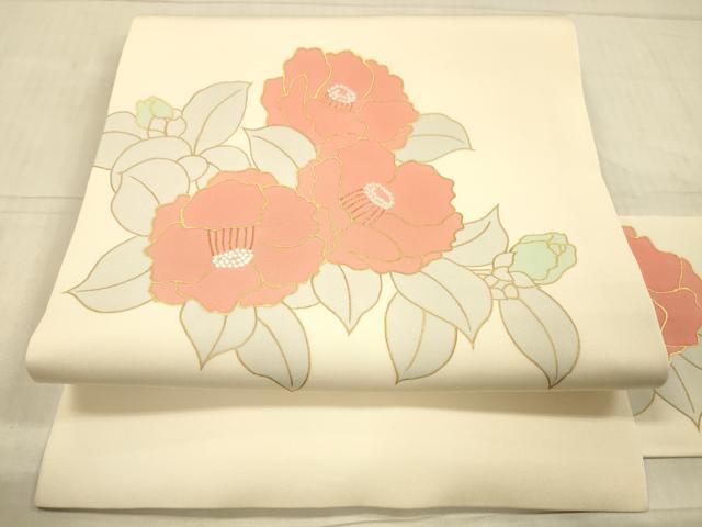 平和屋着物●塩瀬　九寸名古屋帯　駒刺繍　草花文　金彩　正絹　逸品　DAAX8548cm