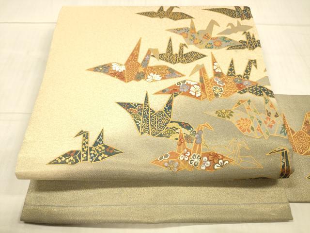 平和屋着物●九寸名古屋帯　刺繍　折鶴花文　金通し時　正絹　逸品　DAAX8549cm
