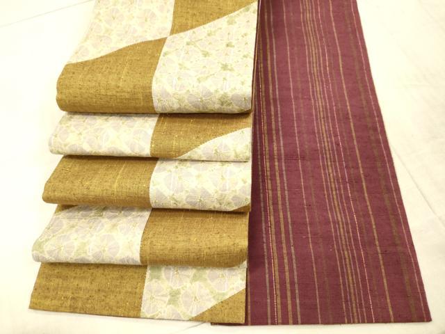 平和屋着物●両面　半幅帯　紬地　絞り　切嵌　舞花文　間道　正絹　逸品　DAAX8553cm