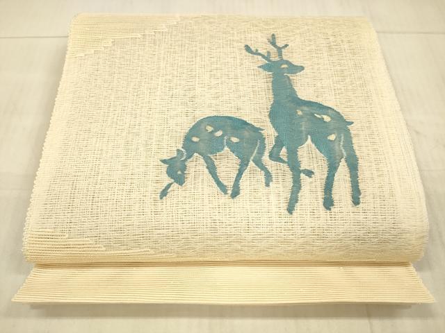 平和屋着物＊夏物　八寸名古屋帯　鹿　舞葉文　銀糸　三越扱い　正絹　逸品　DAAX8621cm