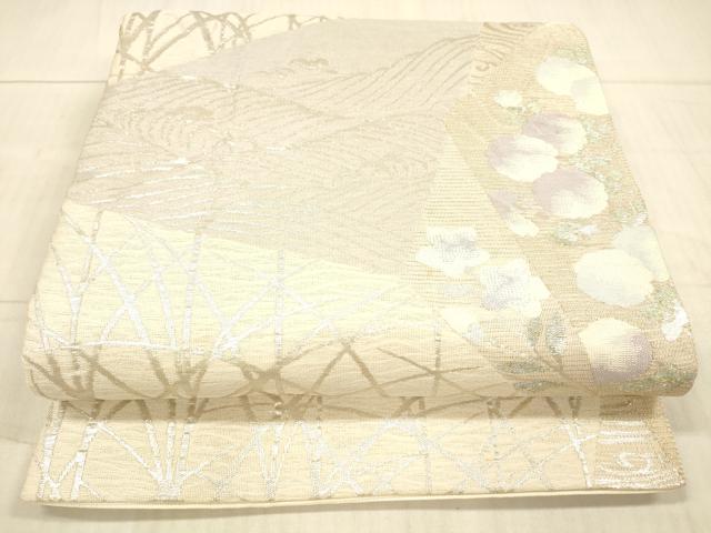 平和屋着物＊夏物　六通柄袋帯　流水草花文　銀糸　正絹　逸品　DAAX8642cm