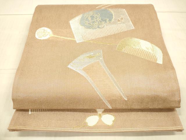 平和屋着物＊夏物　六通柄袋帯　蒔絵櫛かんざし　金銀糸　正絹　逸品　DAAX8652cm