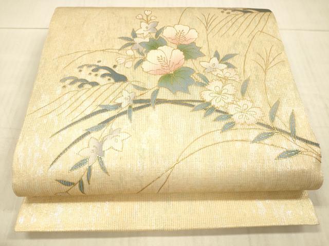 平和屋着物＊夏物　太鼓柄袋帯　流水草花文　金銀糸　正絹　逸品　DAAX8654cm