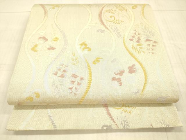 平和屋着物▽スリーシーズン　春夏秋　両面　六通柄袋帯　流水藤花房　舞花文　金銀糸　正絹　逸品　DAAX8675cm