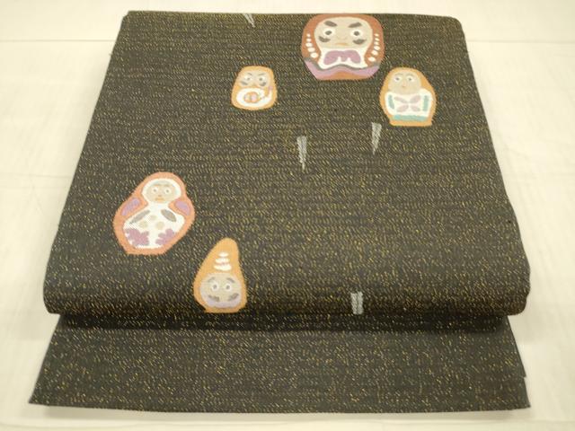 平和屋着物●六通柄袋帯　唐織　達磨　舞扇文　黒地　金通し地　正絹　逸品　DAAX8687cm