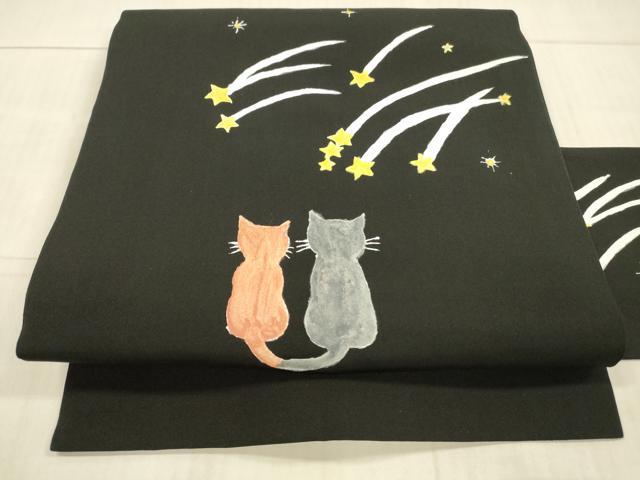 平和屋着物●九寸名古屋帯　手描き　流れ星　猫　黒地　正絹　逸品　DAAX8688cm