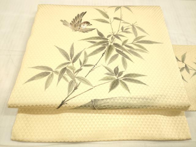 平和屋着物●染色作家　安達華生　九寸名古屋帯　手描き　雀　笹竹文　正絹　逸品　DAAX8691cm