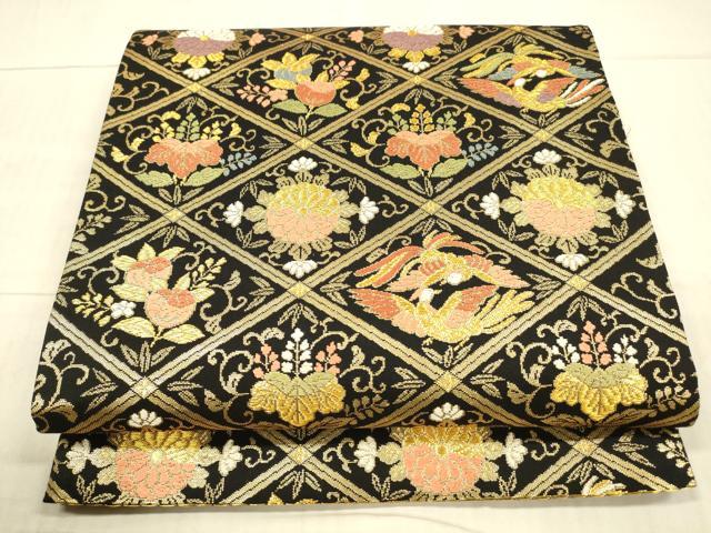 平和屋着物●六通柄袋帯　唐織　鳳凰草花文　黒地　金糸　正絹　逸品　DAAX8709cm