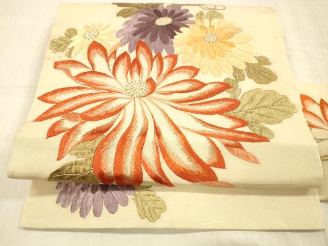 平和屋着物●アンティーク　大正ロマン　九寸名古屋帯　総刺繍　草花文　金銀糸　正絹　逸品　DAAX8720cm