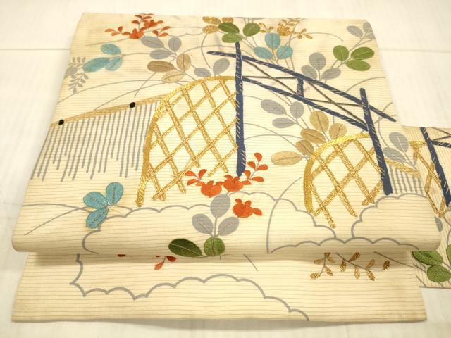 平和屋着物＊夏物　アンティーク　大正ロマン　九寸名古屋帯　絽縮緬　駒刺繍　籬草葉文　正絹　逸品　DAAX8722cm