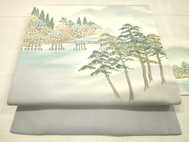 平和屋着物●染織工芸はまや　京都手描友禅作家　濱屋修一郎　塩瀬　九寸名古屋帯　手描き　風景文　正絹　逸品　DAAX8723cm