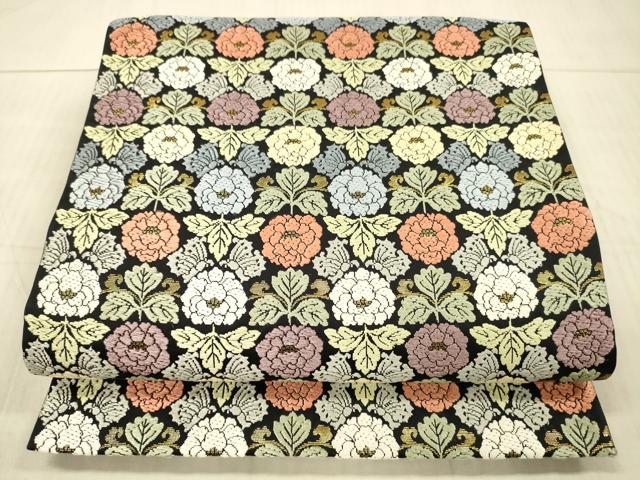 平和屋着物●六通柄袋帯　唐織　草花文　黒地　金糸　正絹　逸品　DAAX8744cm