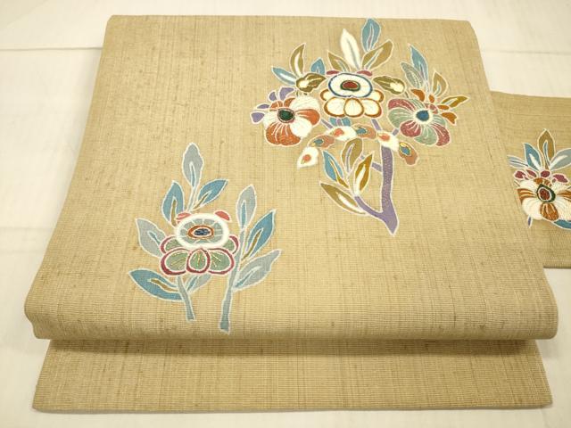 平和屋着物●九寸名古屋帯　紬地　駒刺繍　枝花文　金糸　銀通し地　正絹　逸品　DAAX8749cm