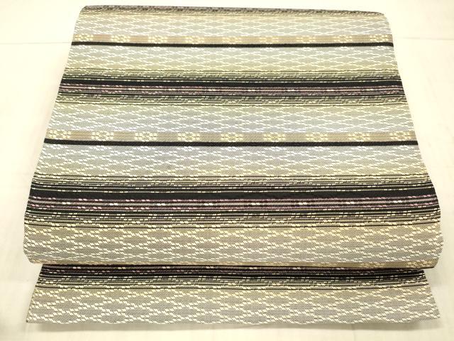 平和屋着物●六通柄袋帯　紬地　花織　横段文　正絹　逸品　DAAX8750cm