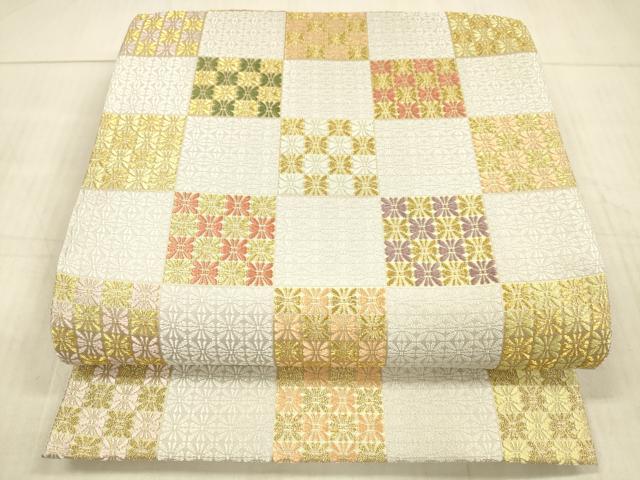 平和屋着物●六通柄袋帯　唐織　有職市松文　吉祥文様　金糸　正絹　逸品　DAAX8807cm
