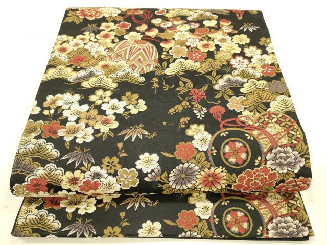 平和屋着物●こむさでもーど・COMME CA DU MODE　六通柄袋帯　草花松文　鞠　太鼓　黒地　正絹　逸品　DAAX8813cm