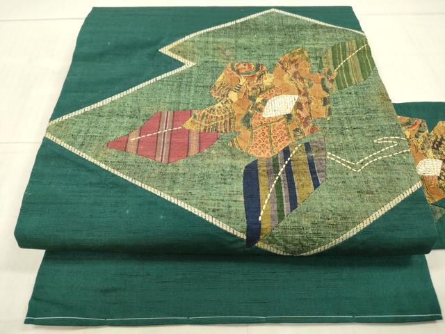 平和屋着物●中国三大刺繍　相良刺繍　九寸名古屋帯　紬地　刺し子　切嵌人物花文　正絹　逸品　DAAX8828cm