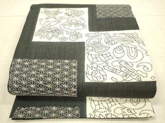 平和屋着物●六通柄袋帯　紬地　総刺繍　刺し子　宝尽くし麻の葉文　正絹　逸品　DAAX8834cm