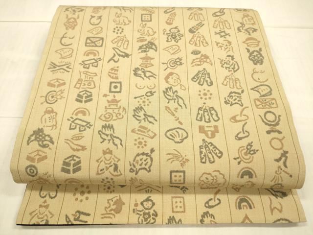 平和屋着物●両面　全通柄袋帯　紬地　人物動物文　間道　正絹　逸品　DAAX8840cm