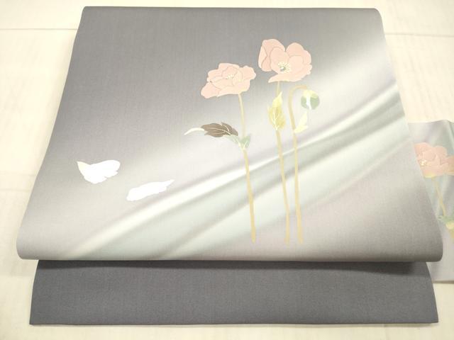 平和屋着物●塩瀬　九寸名古屋帯　友禅　枝花文　正絹　逸品　DAAX8846cm