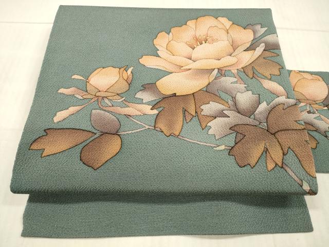 平和屋着物●九寸名古屋帯　ろうけつ染め　枝花文　鬼しぼ縮緬　正絹　逸品　DAAX8850cm