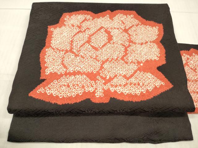 平和屋着物●名門　藤娘きぬたや・絞り　九寸名古屋帯　草花文　黒地　正絹　逸品　DAAX8853cm