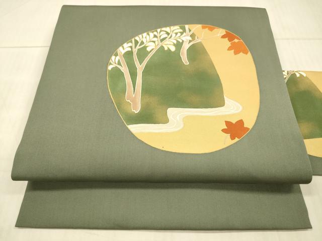 平和屋着物●塩瀬　九寸名古屋帯　駒刺繍　流水枝葉文　金彩　正絹　逸品　DAAX8866cm