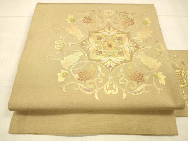 平和屋着物●塩瀬　九寸名古屋帯　葡萄蔦の葉花文　金糸　金通し地　正絹　逸品　DAAX8871cm