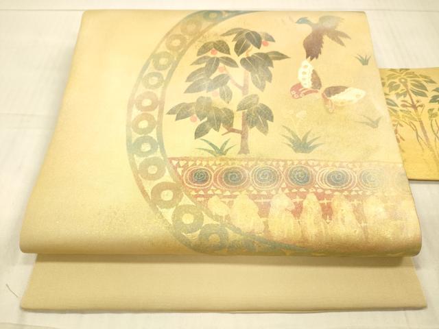 平和屋着物●塩瀬　九寸名古屋帯　枝葉舞蝶飛鳥文　金銀彩　正絹　逸品　DAAX8872cm