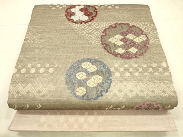 平和屋着物＊夏物　両面　両方向　全通柄袋帯　吉祥雪輪文　四季のさざ波　蔦の葉文　金銀糸　正絹　逸品　DAAX8887cm