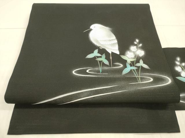 平和屋着物＊夏物　九寸名古屋帯　手描き　流水草花文　鷺　黒地　銀彩　正絹　逸品　DAAX8891cm