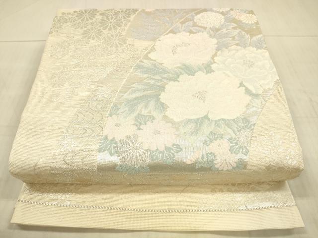 平和屋着物＊夏物　六通柄袋帯　流水草花文　銀糸　正絹　逸品　DAAX8897cm