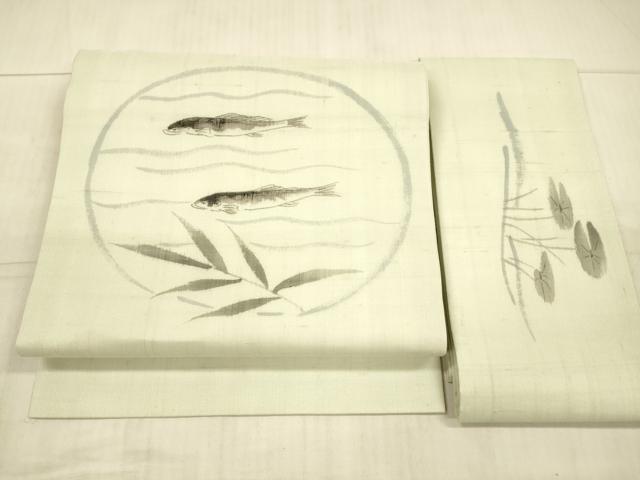 平和屋着物＊夏物　つけ帯　手描き　流水草葉文　魚　正絹　逸品　DAAX8937cm