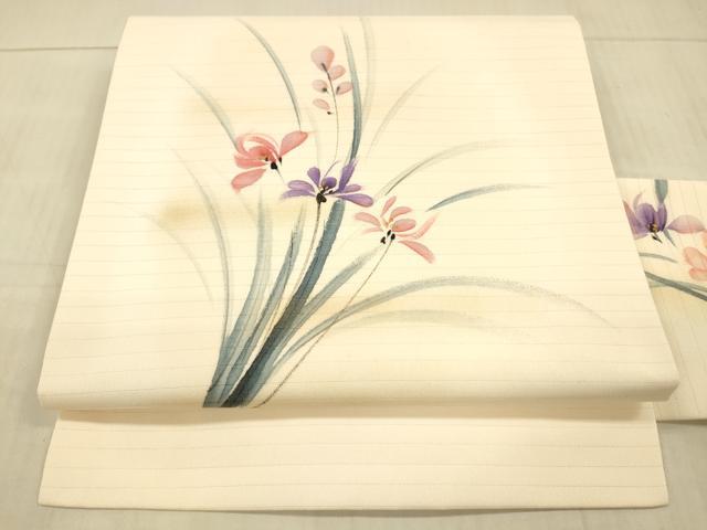 平和屋着物＊夏物　九寸名古屋帯　手描き　草花文　金彩　DAAX8941cm